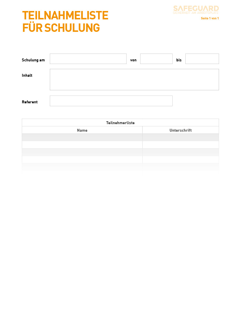 Teilnahmeliste Schulung - Vorlage - SAFEGUARD